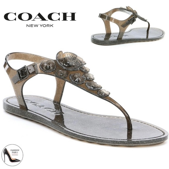 Coach | Shoes | Coach Tea Rose Glitter Jelly Flat Thong Sandals Black ...